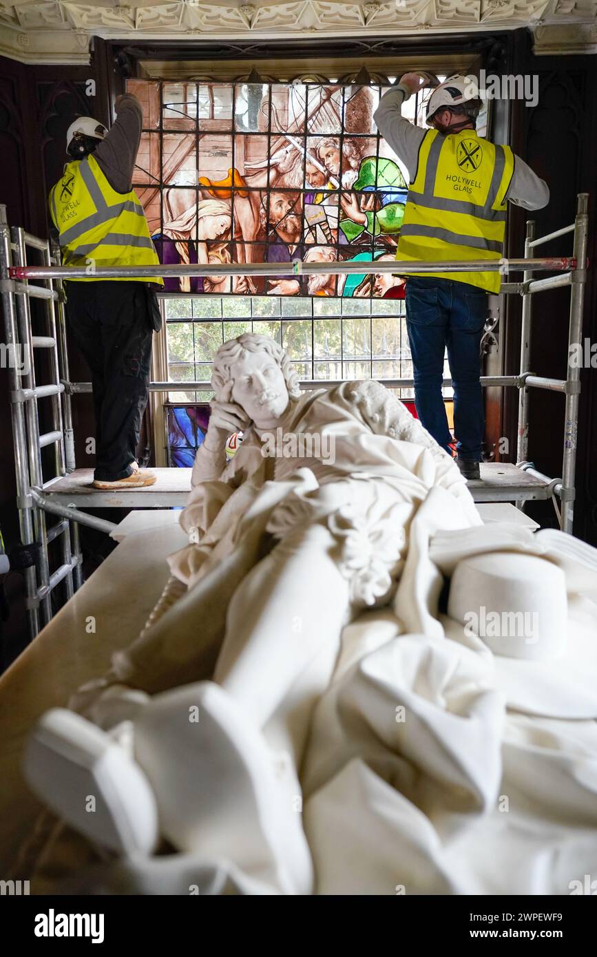 A framed section of a newly conserved 18th-century painted glass window ...