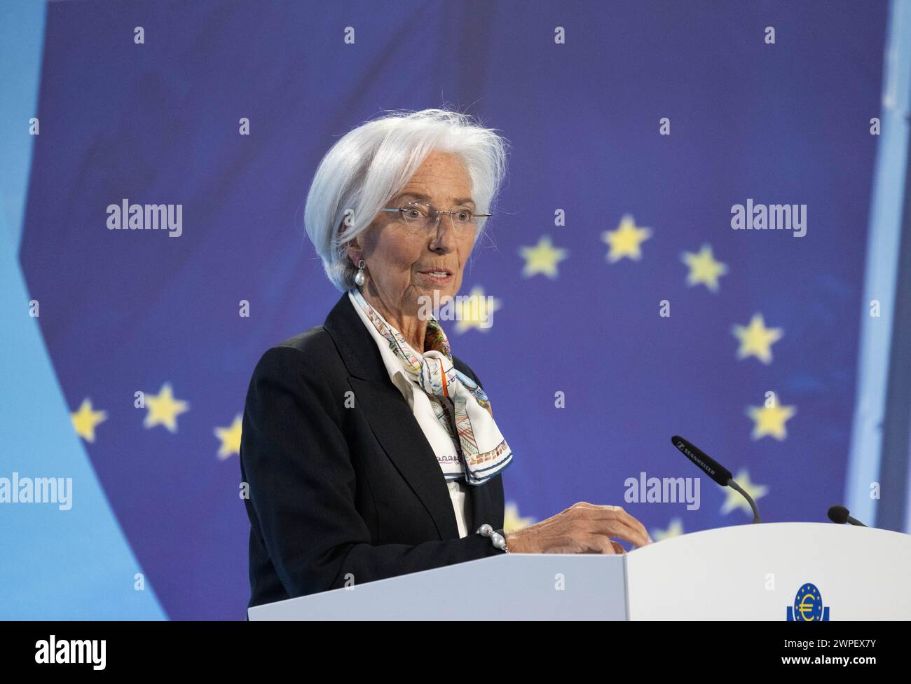 07 March 2024, Hesse, Frankfurt/Main: ECB President Christine Lagarde ...
