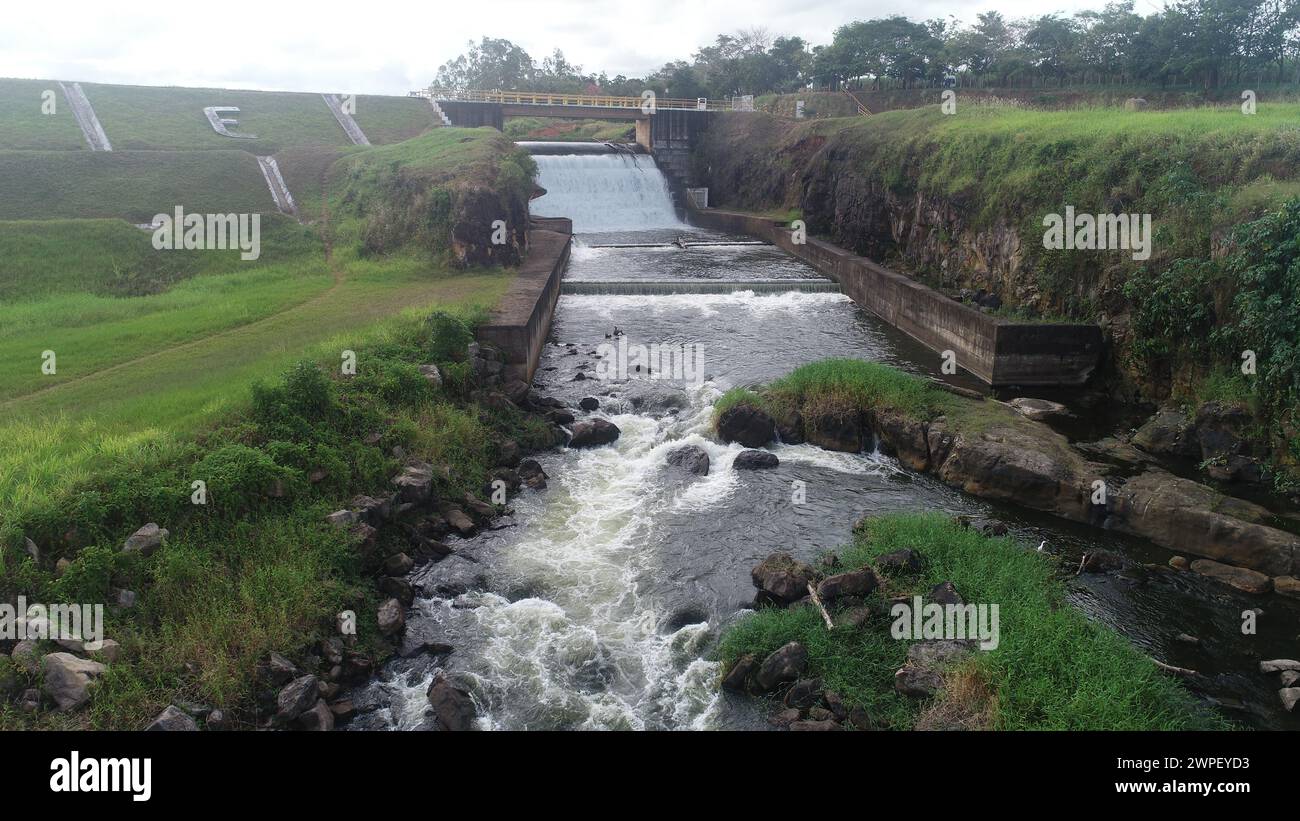 The rapid water flowing in a hillside stream with lush vegetation Stock ...