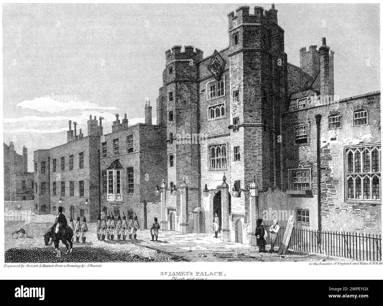 An engraving entitled St James's Palace (North West View) Westminster, London UK scanned at high ...