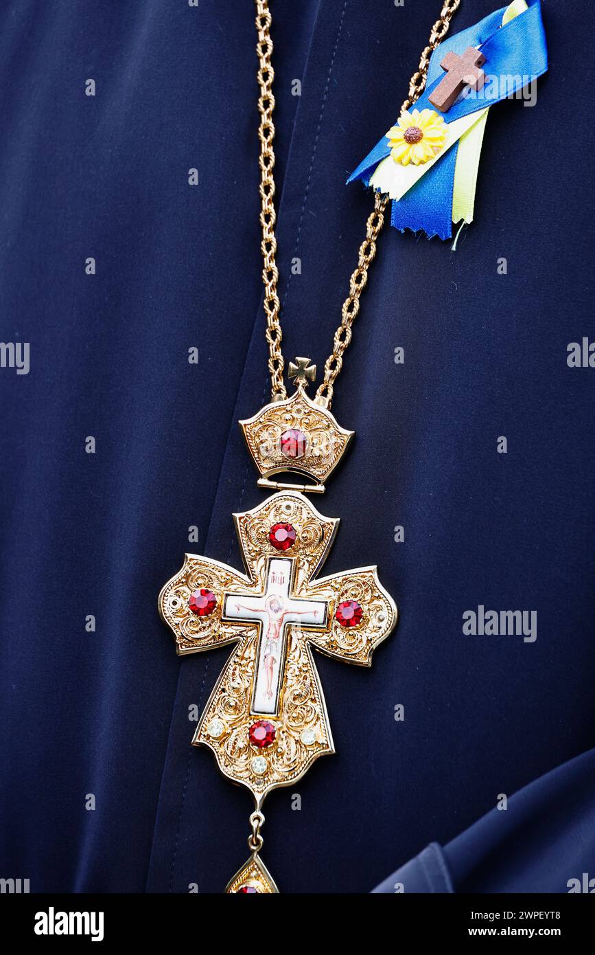 England, London, Westminster, Pro Ukraine demonstration, close up of ...