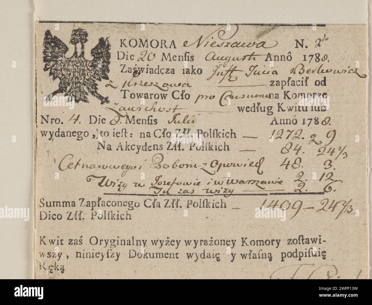Printed mark of the customs chamber in Nieszawa; Customs chamber; 1788 ...