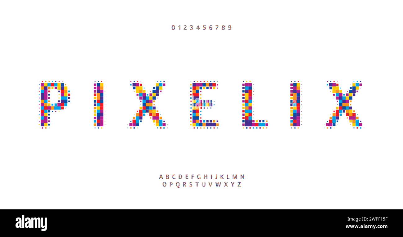 Cartoon colorful squared pixel alphabet, playful pixel mosaic letters ...