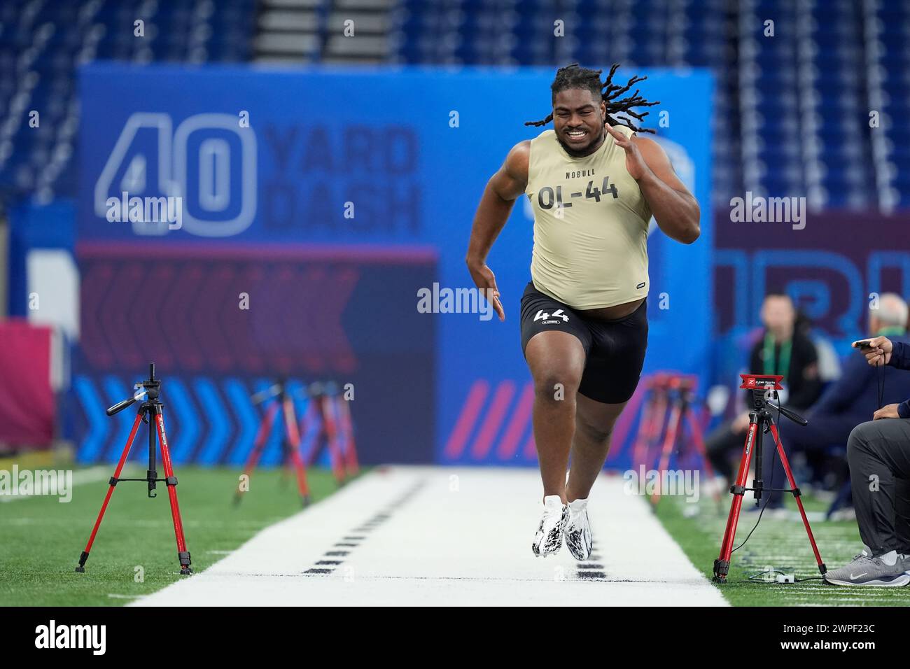 Kansas State offensive lineman KT Leveston runs a drill at the NFL ...
