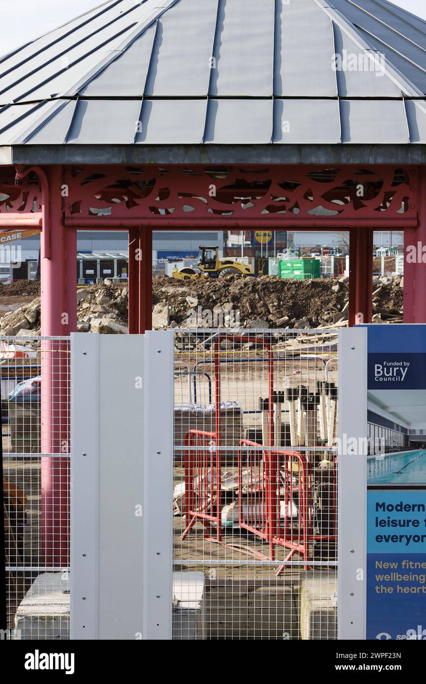 Demolition site seen through old radcliffe band stand, in radcliffe ...