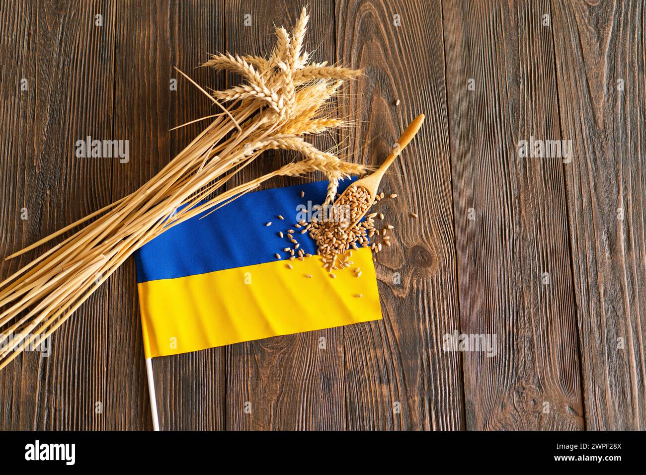 Wheat grains with yellow and blue Ukrainian flag on wooden background ...