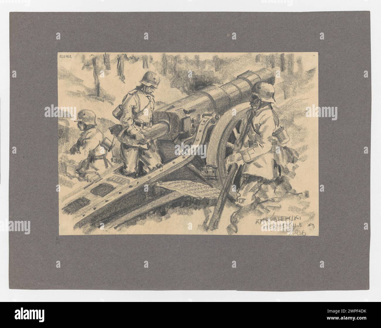 Drawing by Leon Wróblewski (1893-1975), 1916, showing German artillery ...