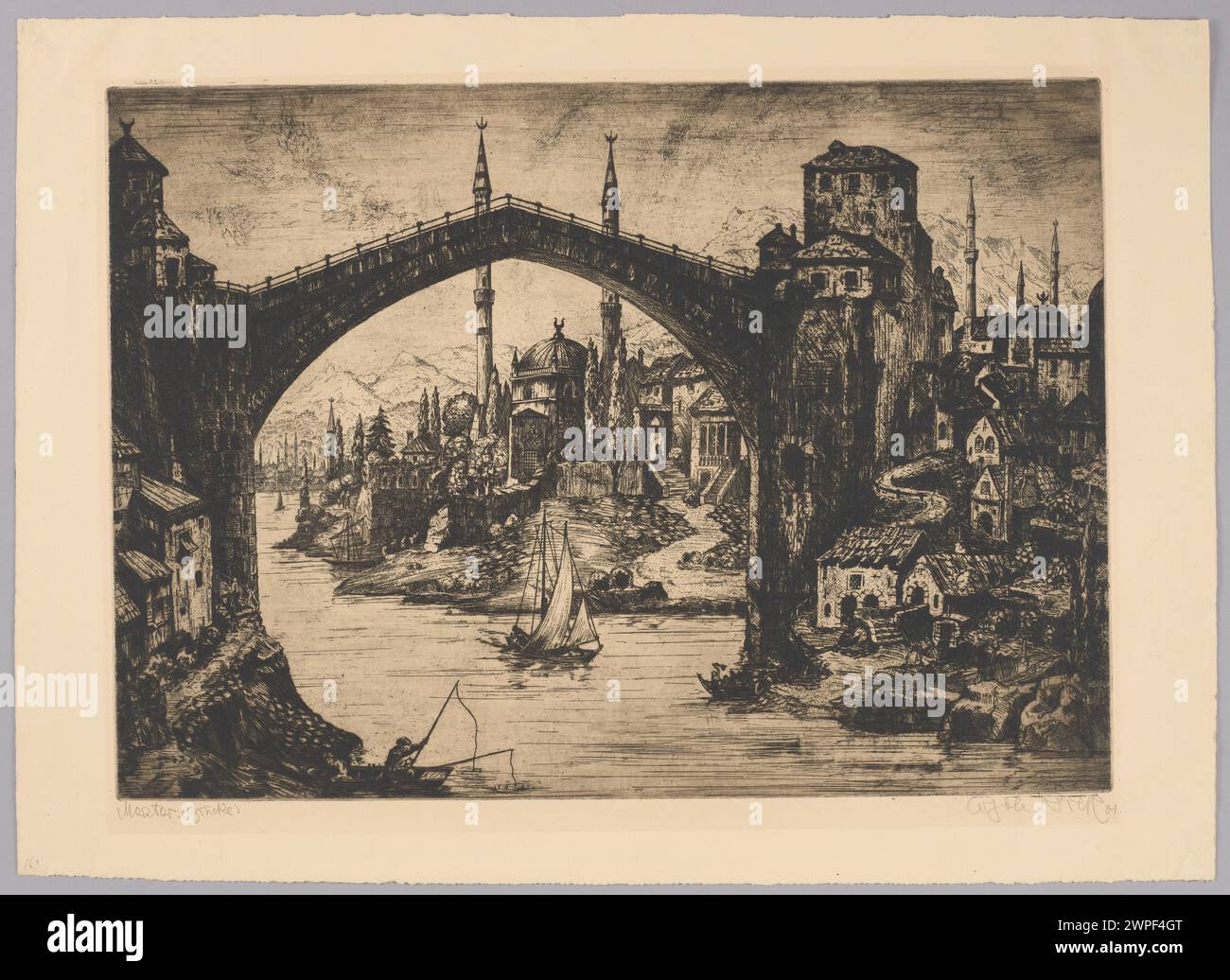 The Mostar Bridge, depicted by Johann Krick in 1931, illustrates ...