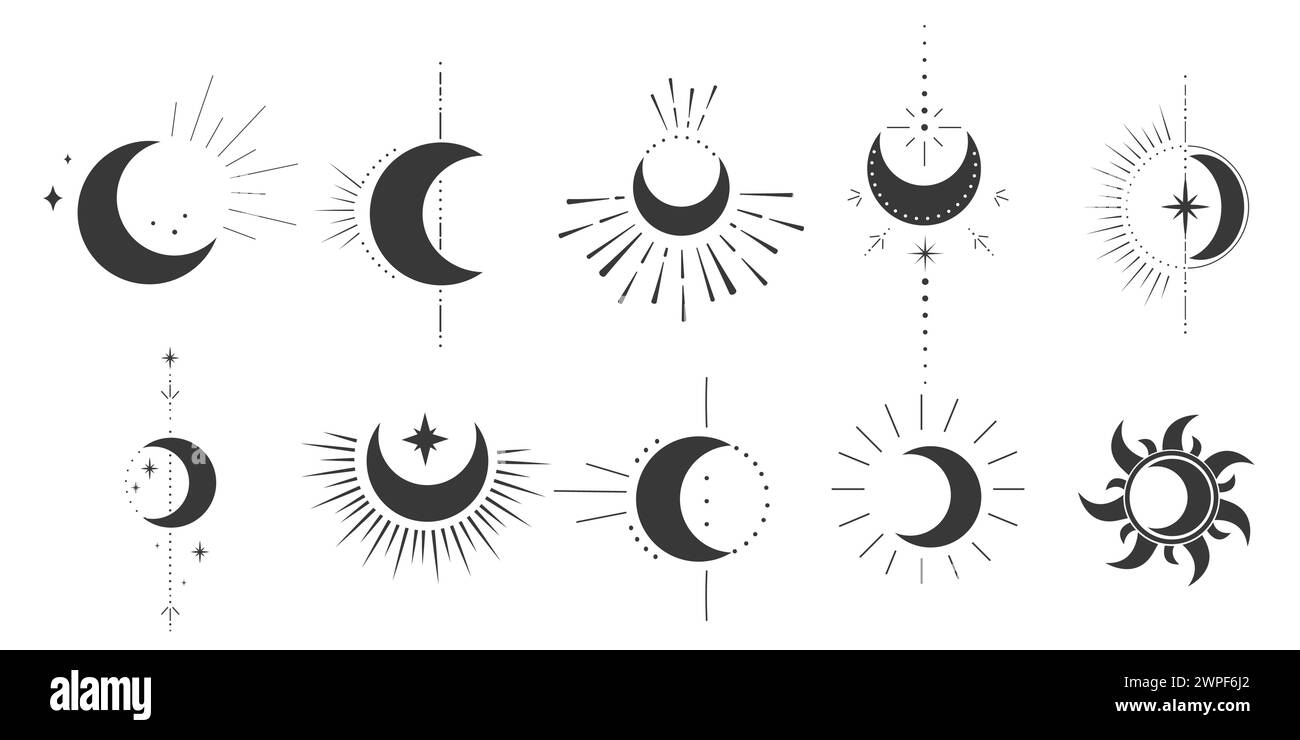 Set mystic moon celestial astrology magic element with rays, stars ...