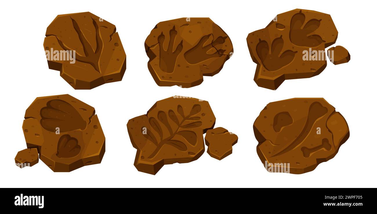 Set dinosaur fossil, paw print, reptile foot trail in cartoon style ...