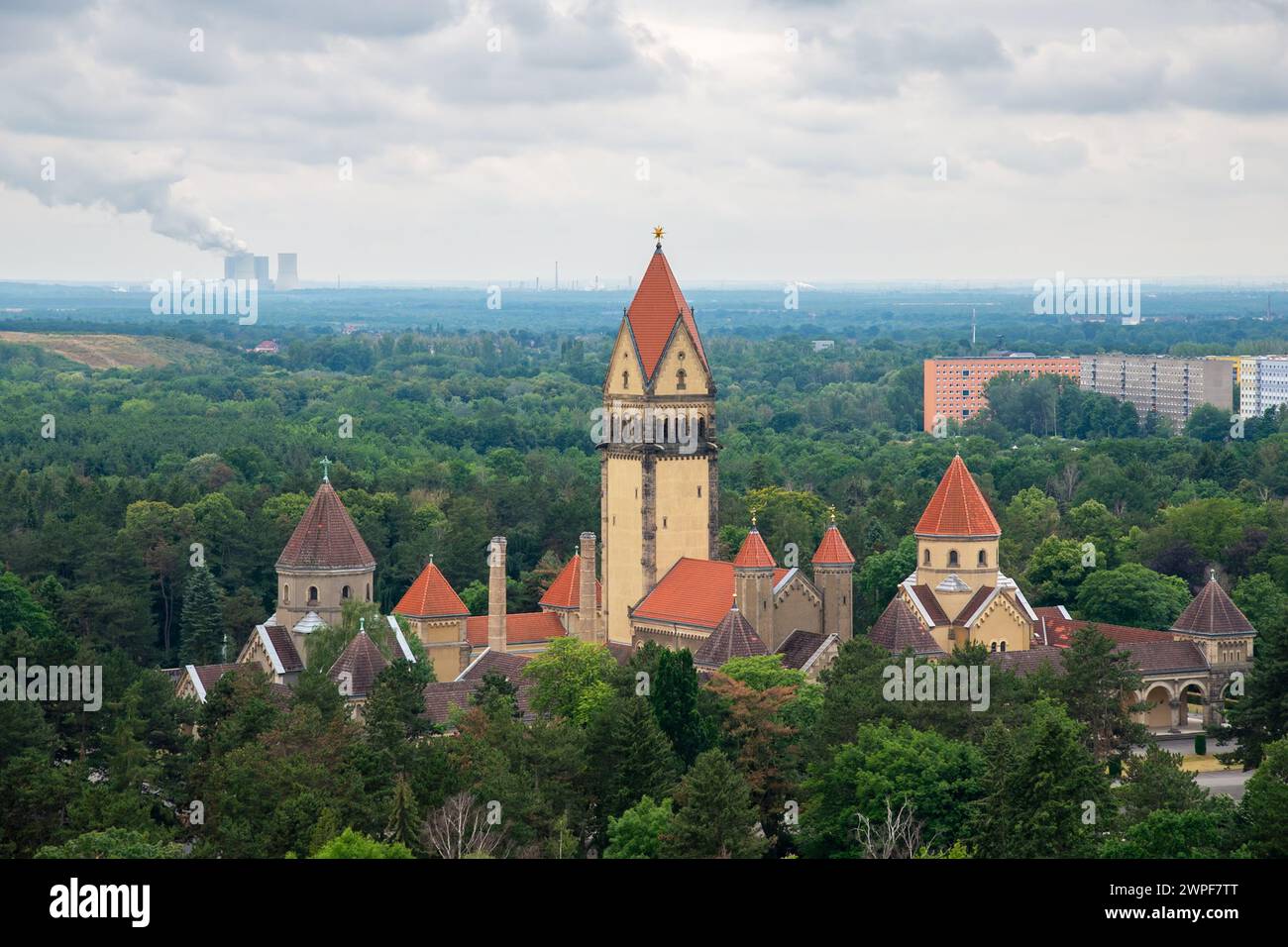 View of the chapel and crematorium of the southern cemetery in Leipzig ...