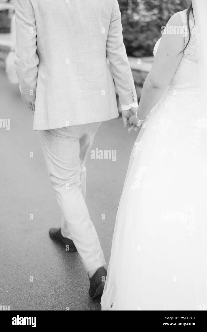 Bride and groom are walking holding hands along the road. Back view ...