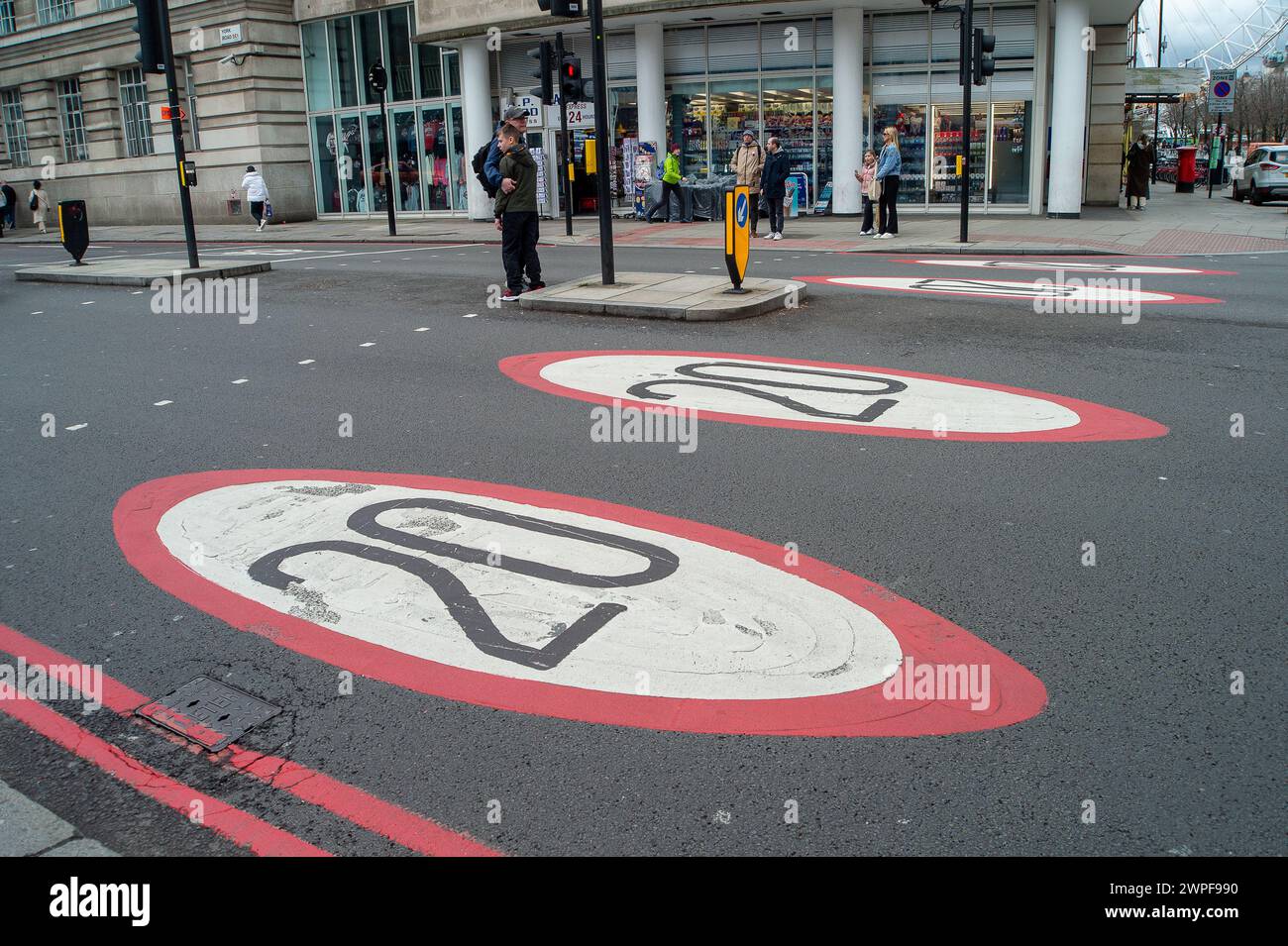 London, UK. 5th March, 2024. 20mph speed limit marking on a road near ...