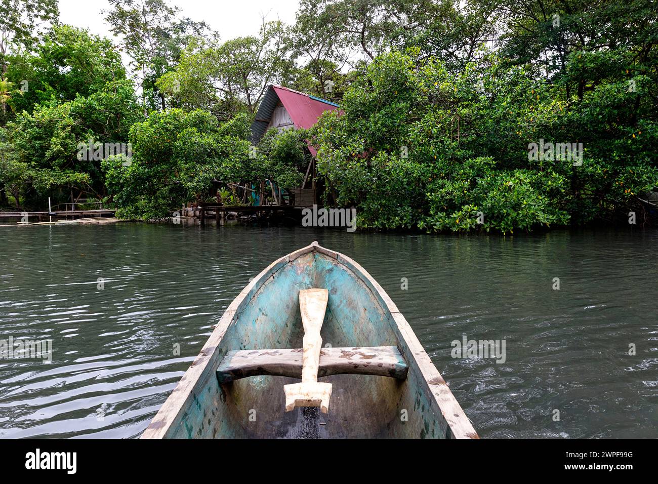 Scenic traditional wooden dugout canoe with traditional wooden paddle ...