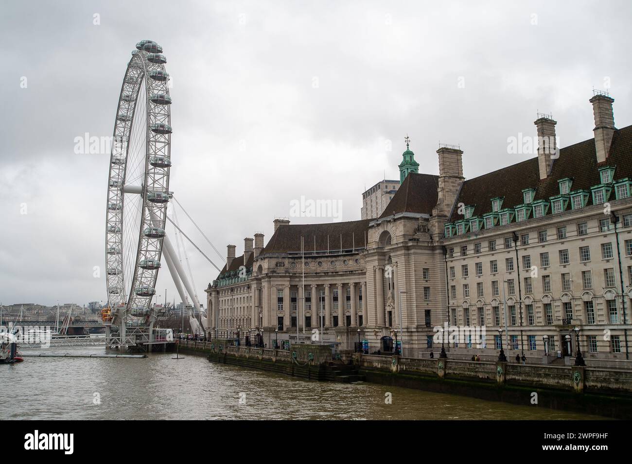 London, UK. 5th March, 2024. Views of the London Eye and County Hall on ...