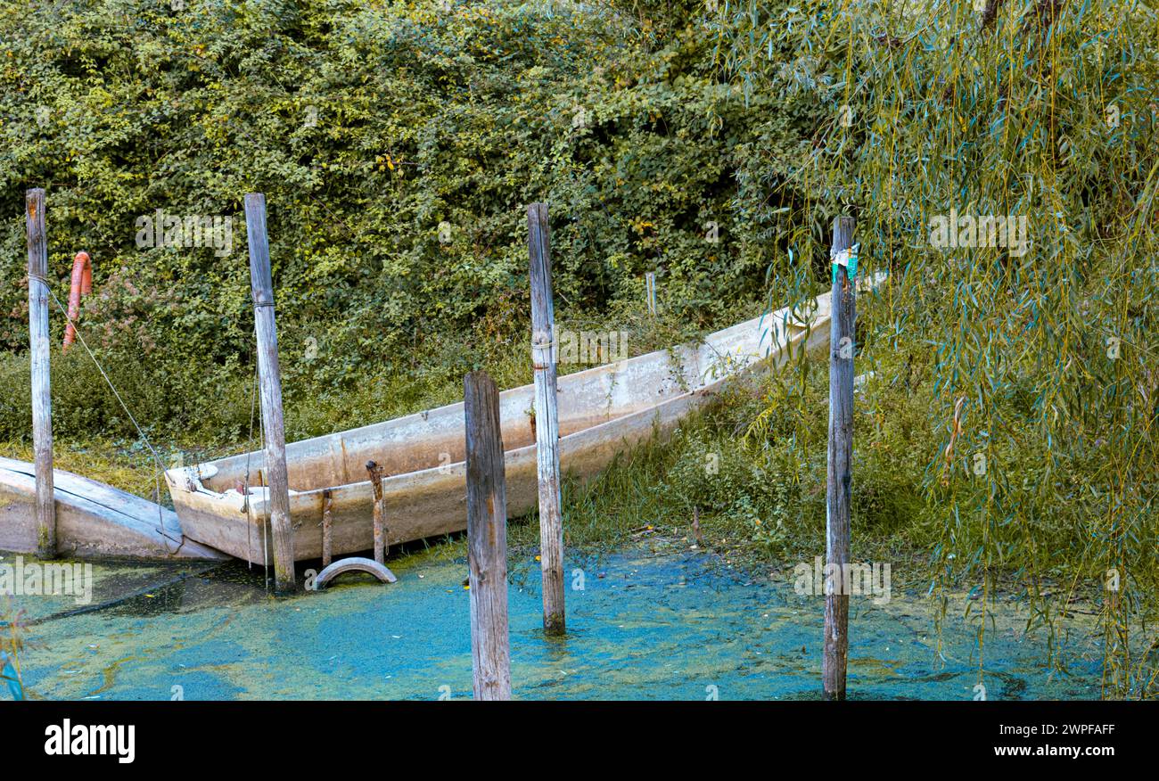 boat stranded on the shore of a lake next to wooden logs that serve as ...