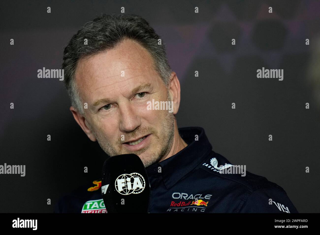 Red Bull team principal Christian Horner speaks during a news conference after the first ...