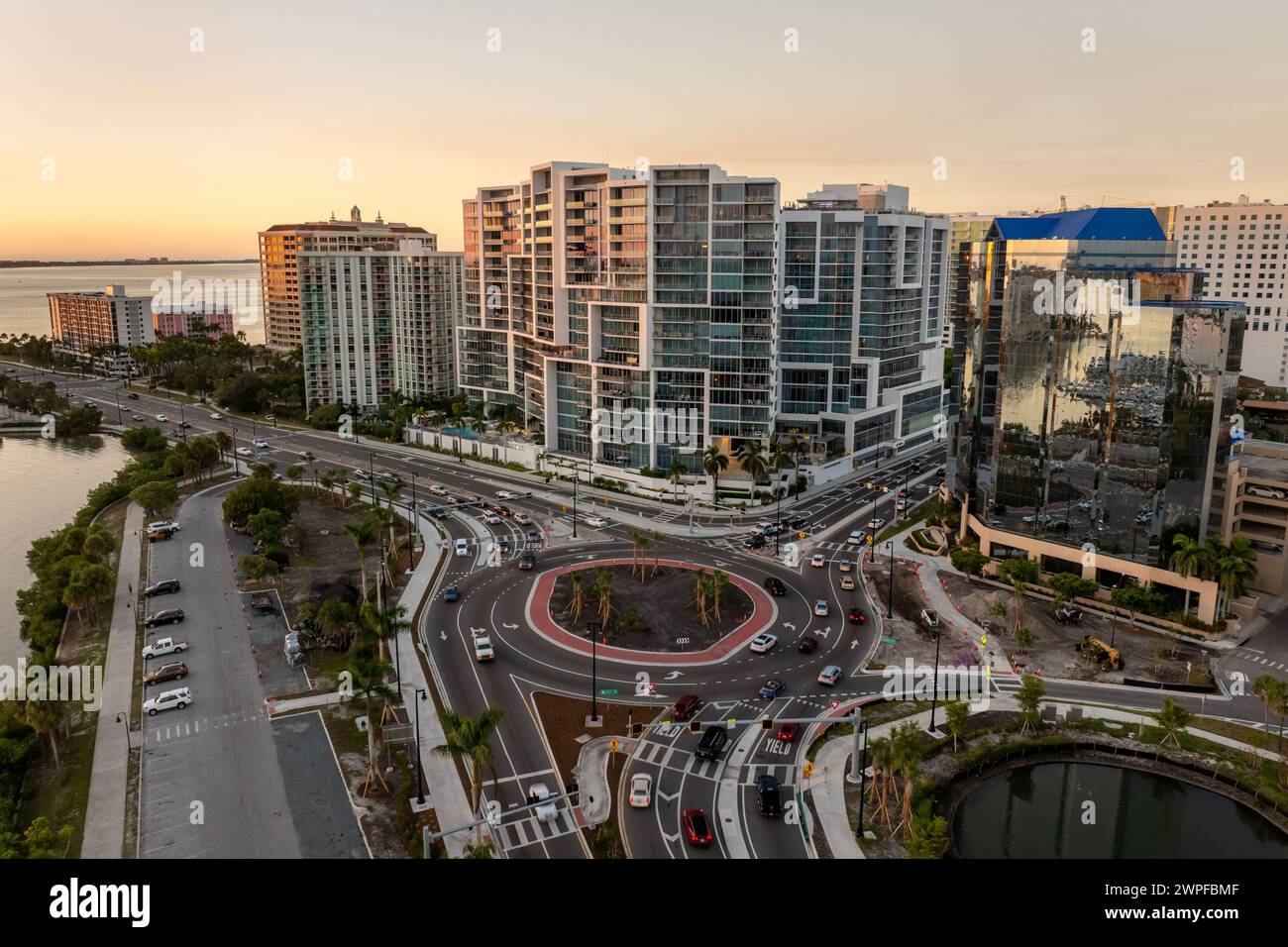 Aerial view of Gulfstream Avenue roundabout intersection in Sarasota ...