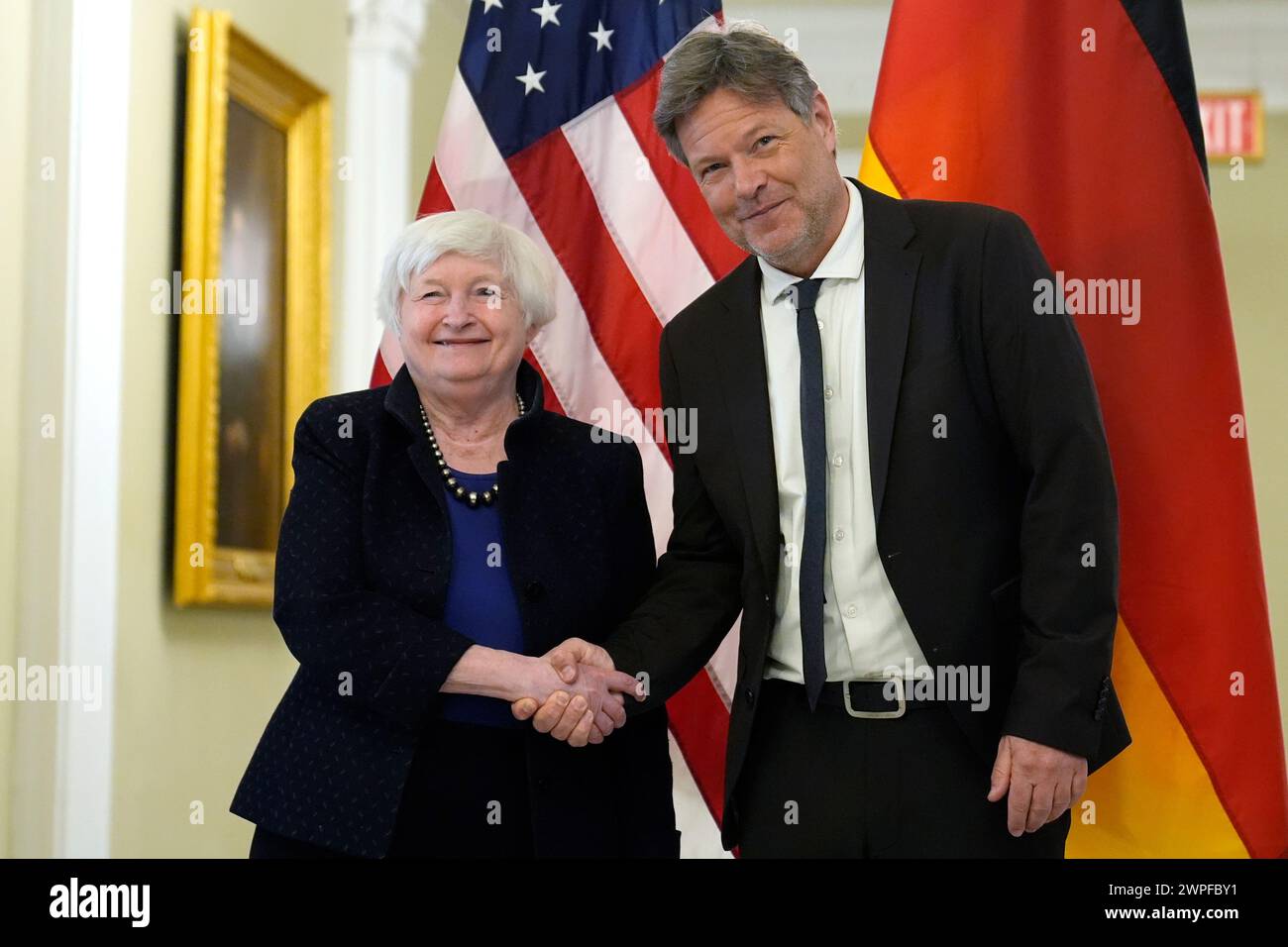 Treasury Secretary Janet Yellen, left, shakes hands with Robert Habeck ...