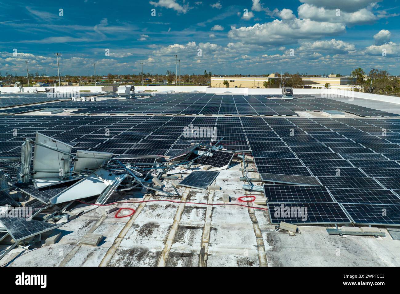 Broken down photovoltaic solar panels destroyed by hurricane Ian winds ...