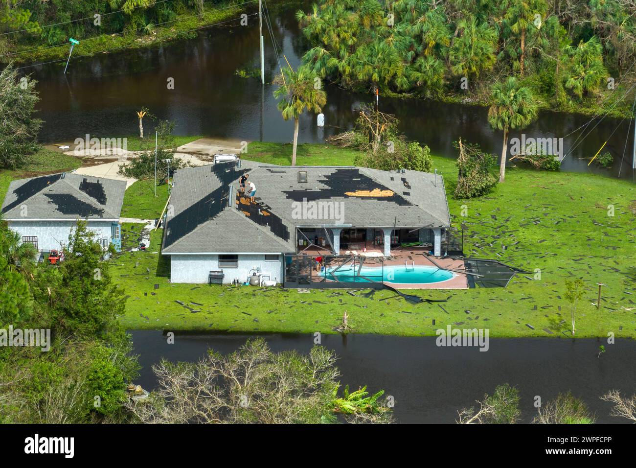 Consequences of natural disaster. Heavy flood with high water ...