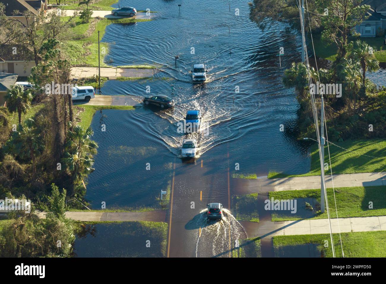 Flooded road in Florida after heavy hurricane rainfall. Aerial view of ...