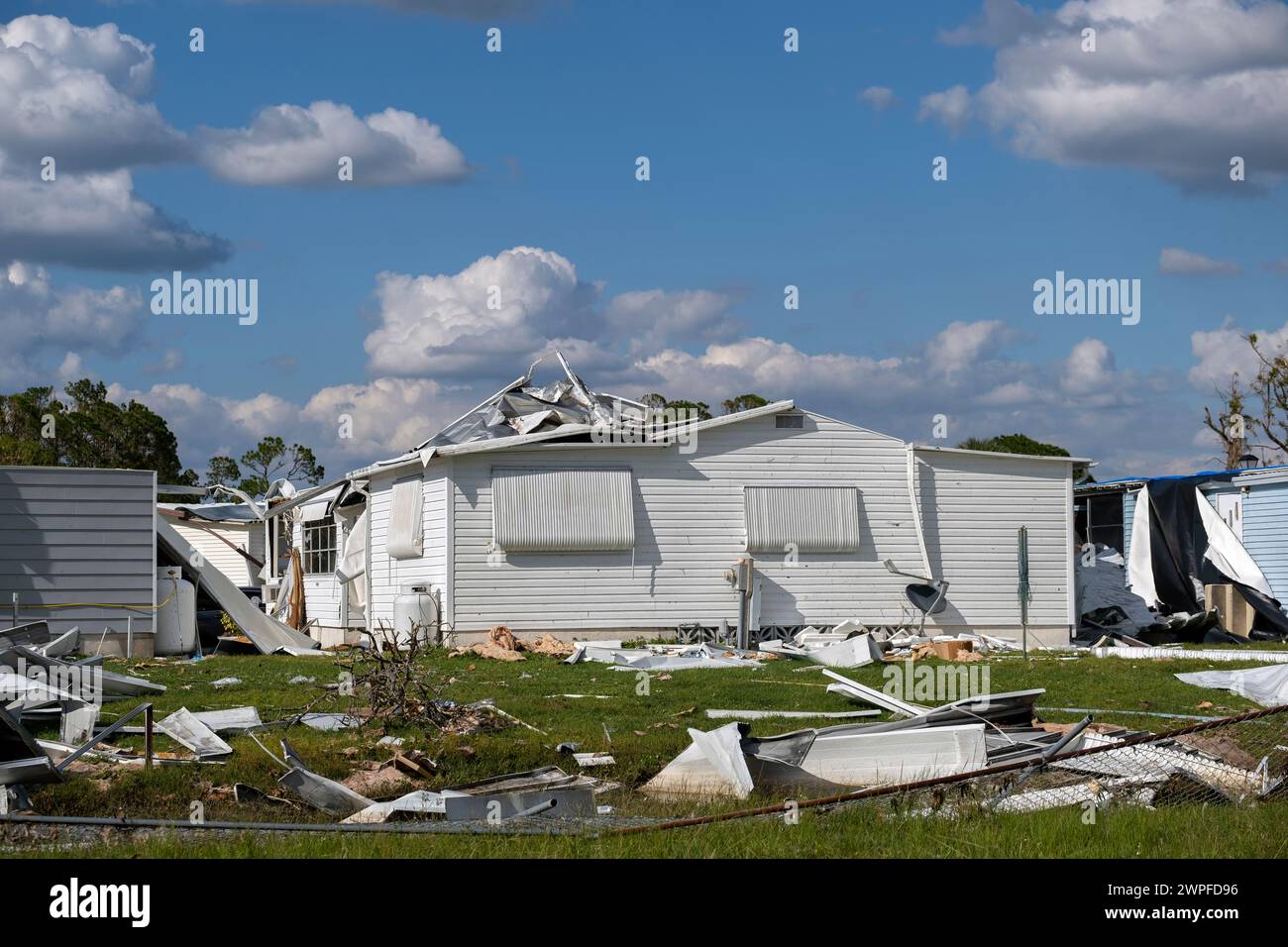 Florida Southwest region after hurricane season. Collapsed and damaged ...