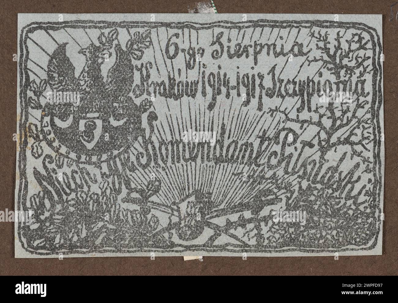 Occasional printing depicting the eagle of the Polish Legions, two crossed sabers and Uhlan hat ...