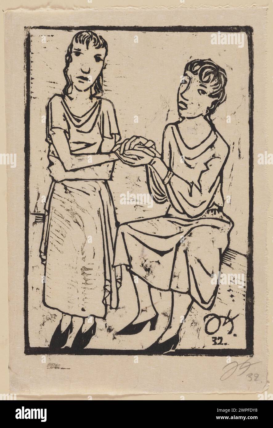 Woodcut depicting two women interacting, created by Joachim Karsch in ...