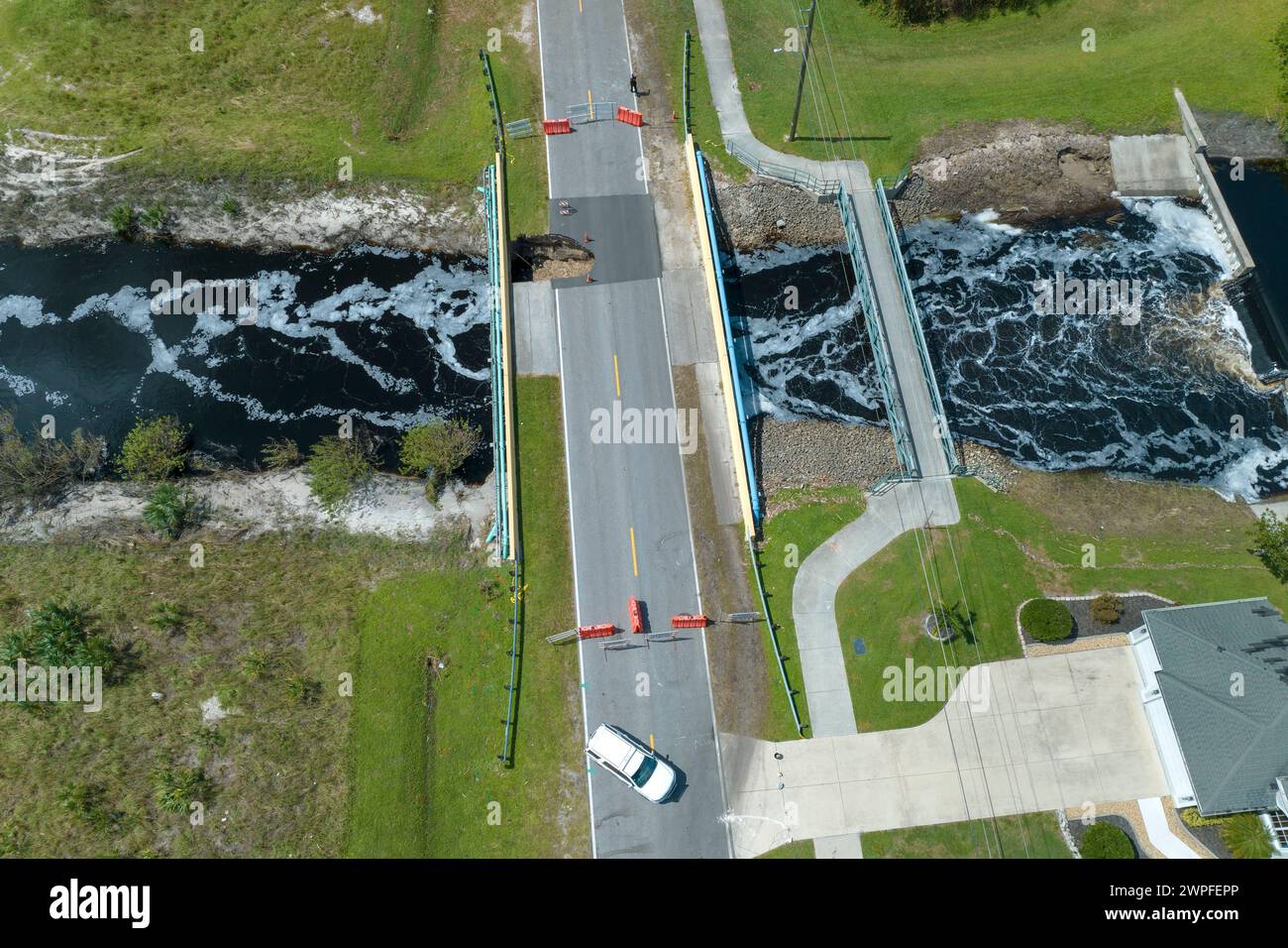 Road construction. Law enforcement police blocking car access at ...