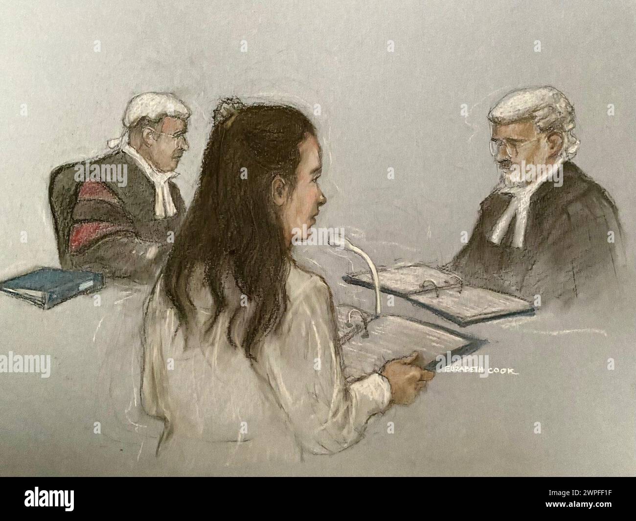Court artist sketch by Elizabeth Cook of Constance Marten being ...