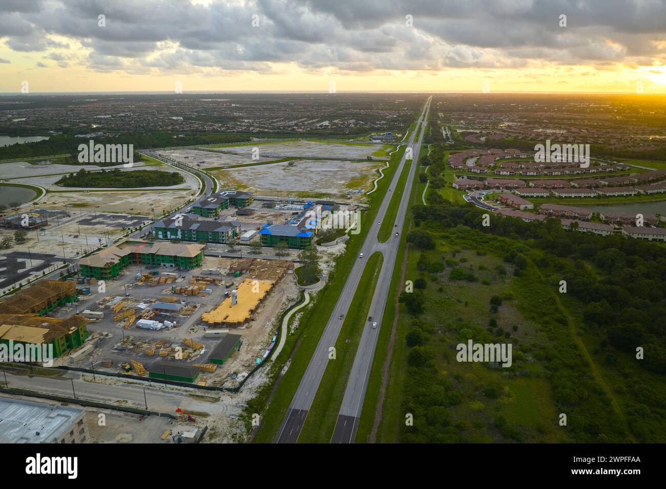 Top view of apartment buildings under construction in new developing ...