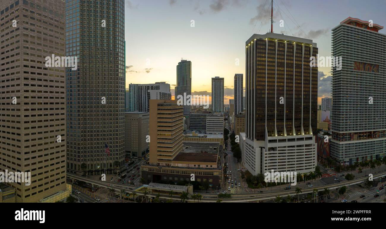 View from above of skyscraper buildings and urban traffic in downtown ...