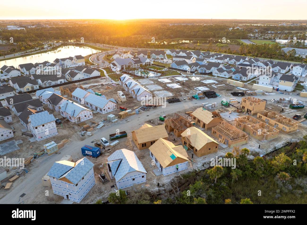 Wooden frames of new cheap American homes under construction ...