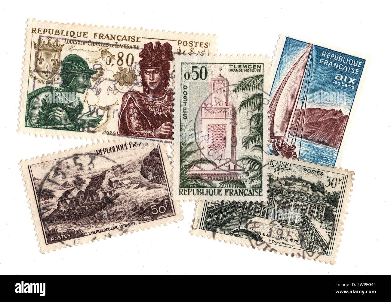 A montage of vintage postage stamps from France isolated on a white ...