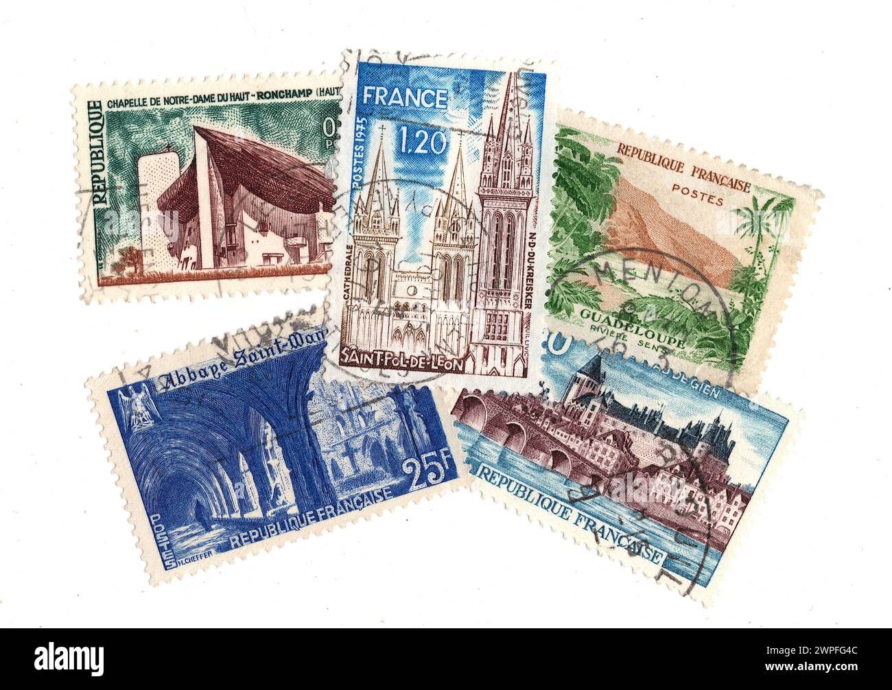 A montage of vintage postage stamps from France isolated on a white ...