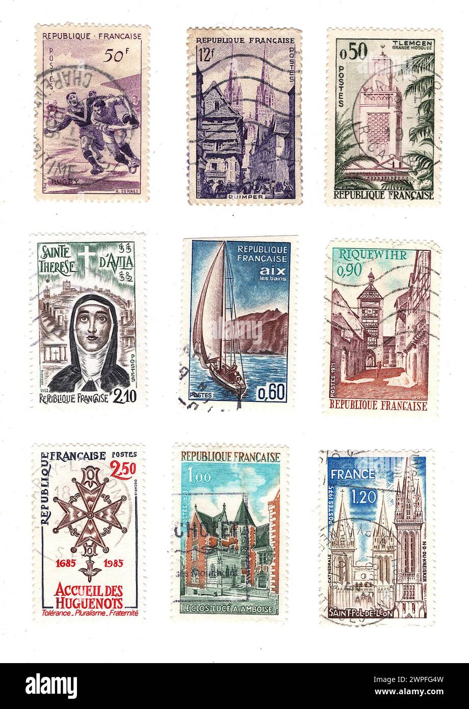 A montage of vintage postage stamps from France isolated on a white ...