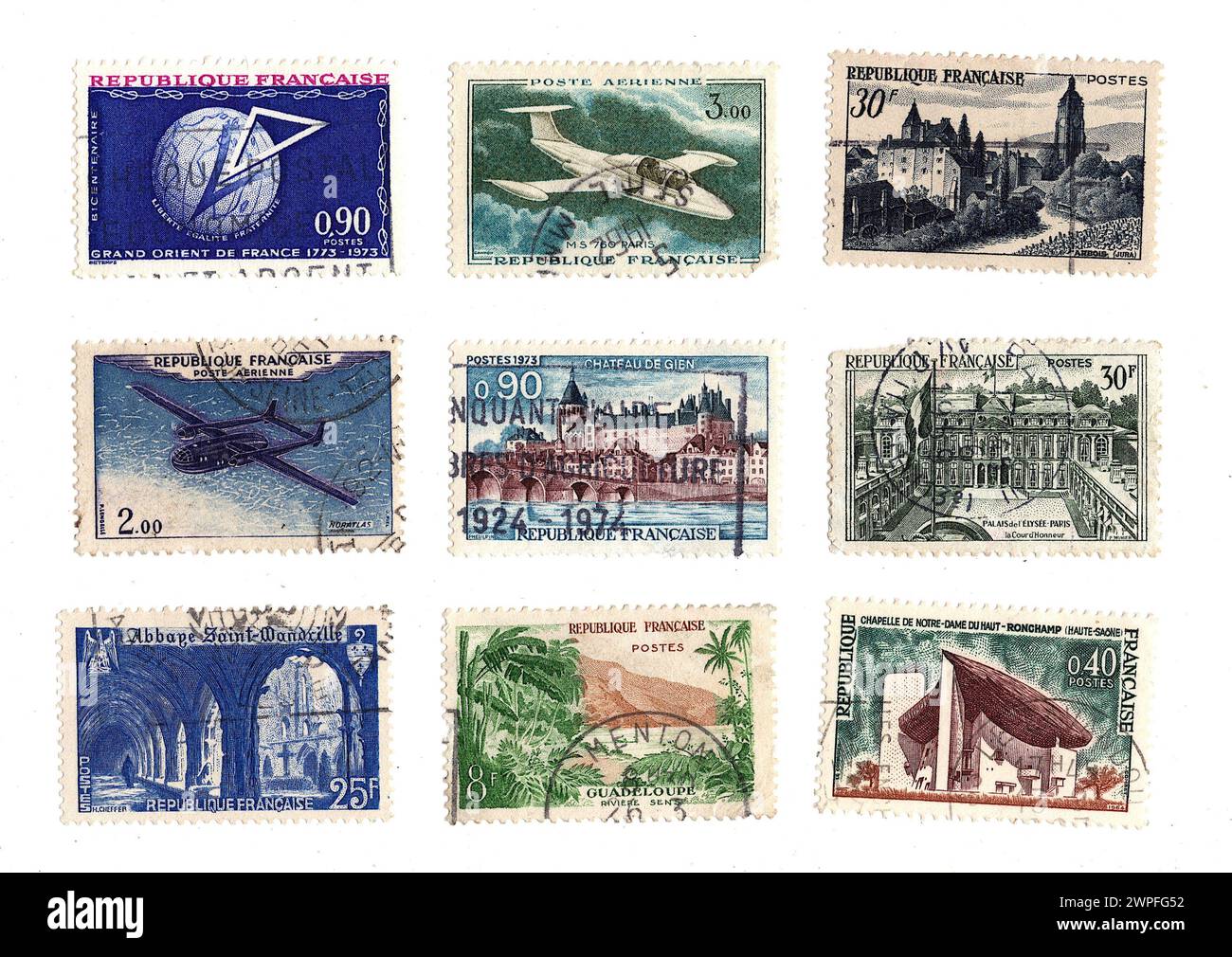 A montage of vintage postage stamps from France isolated on a white ...