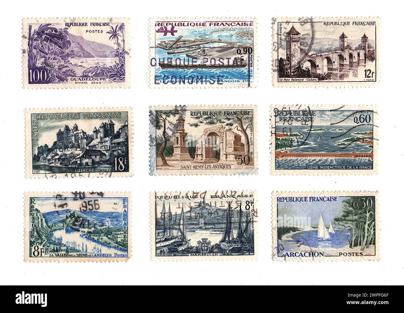 A montage of vintage postage stamps from France isolated on a white ...