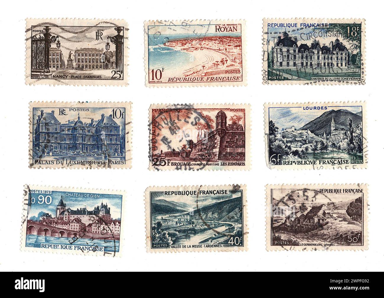 A montage of vintage postage stamps from France isolated on a white ...