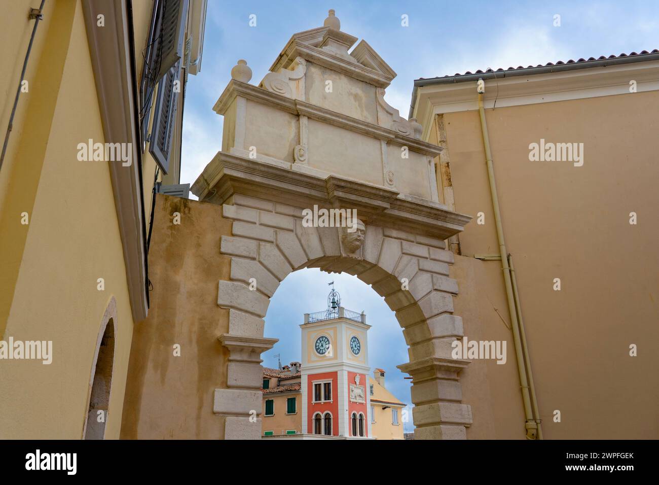 balbis arch with town clock tower next to Tito square in Rovinj Croatia ...