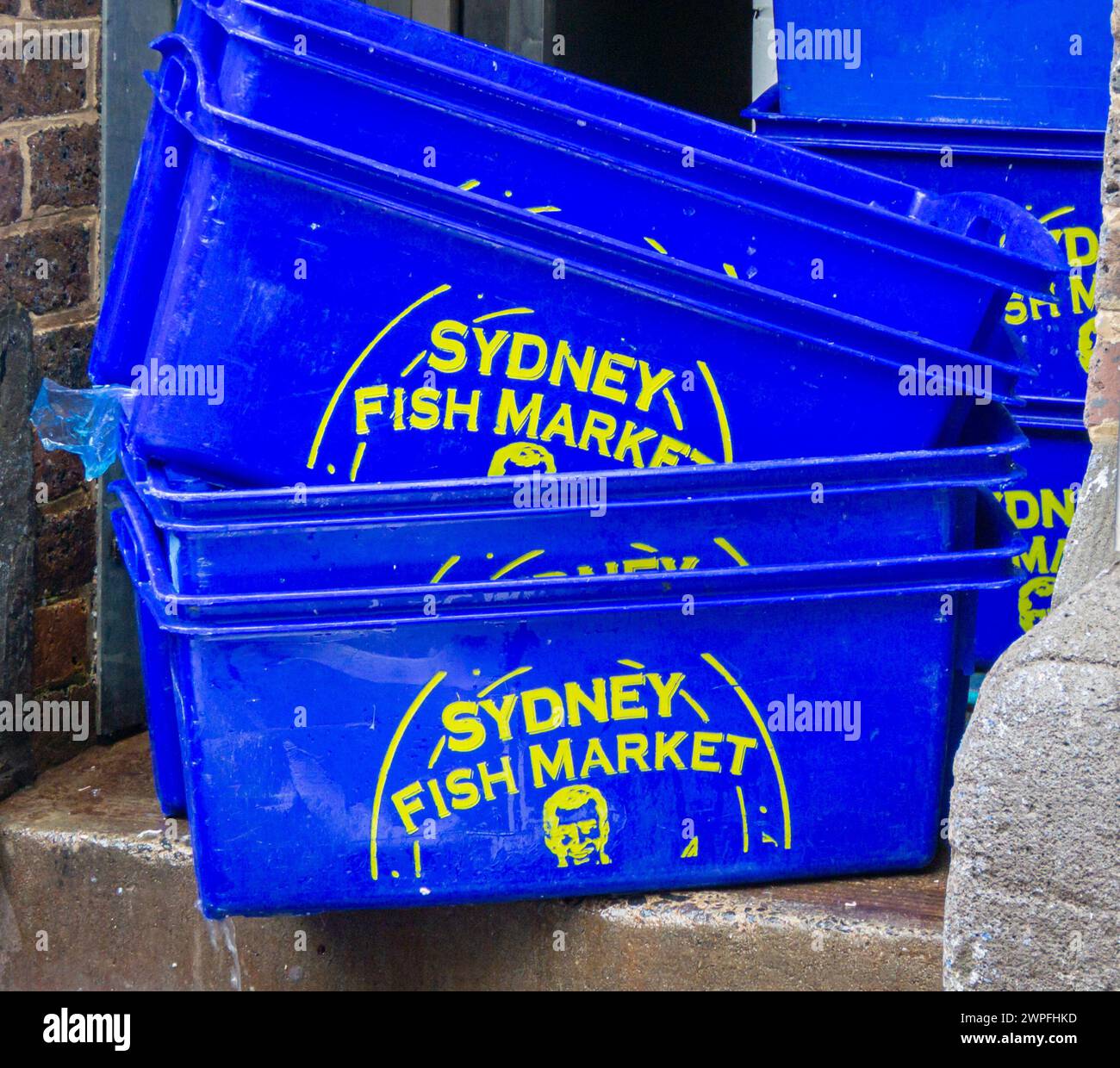 Melbourne, Australia, Feb 2018 - A stack of blue plastic fish market ...