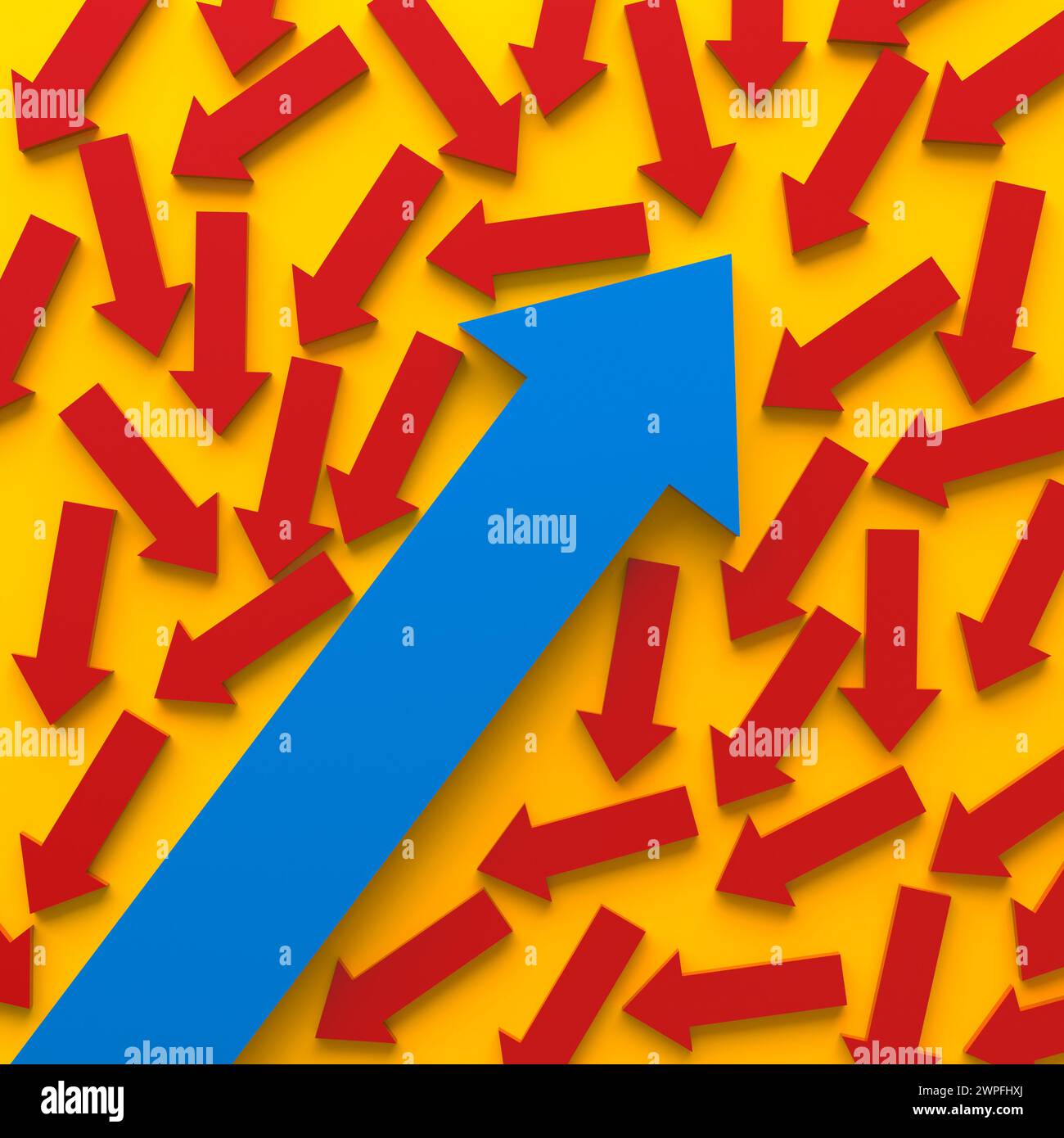 Bold blue arrow ascending against a chaotic backdrop of red arrows pointing downward. 3d render ...