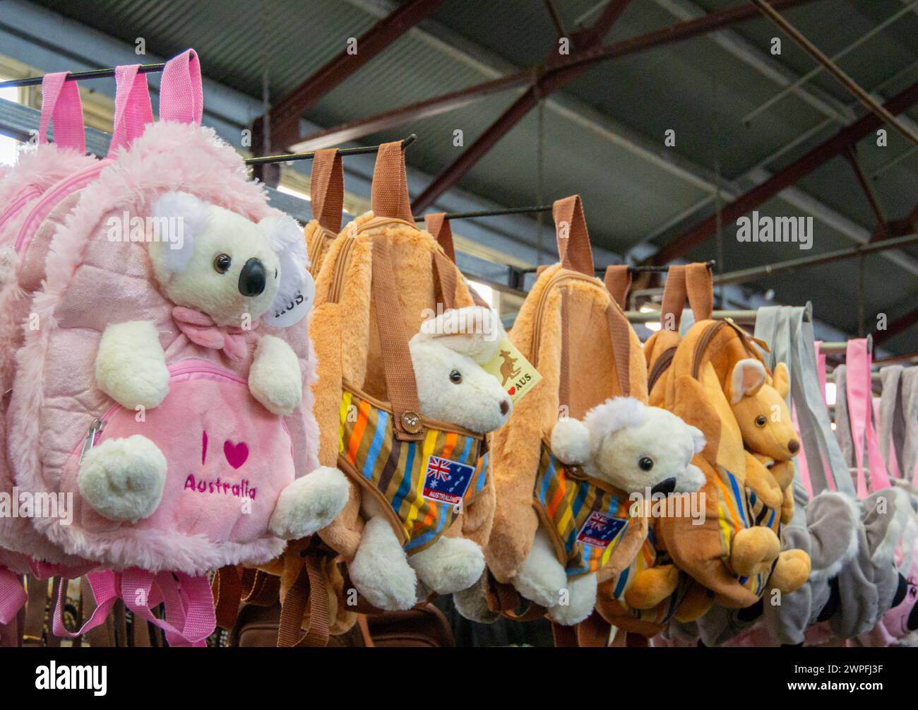 Melbourne, Australia, Feb 2018 - A display of fluffy animal backpacks ...