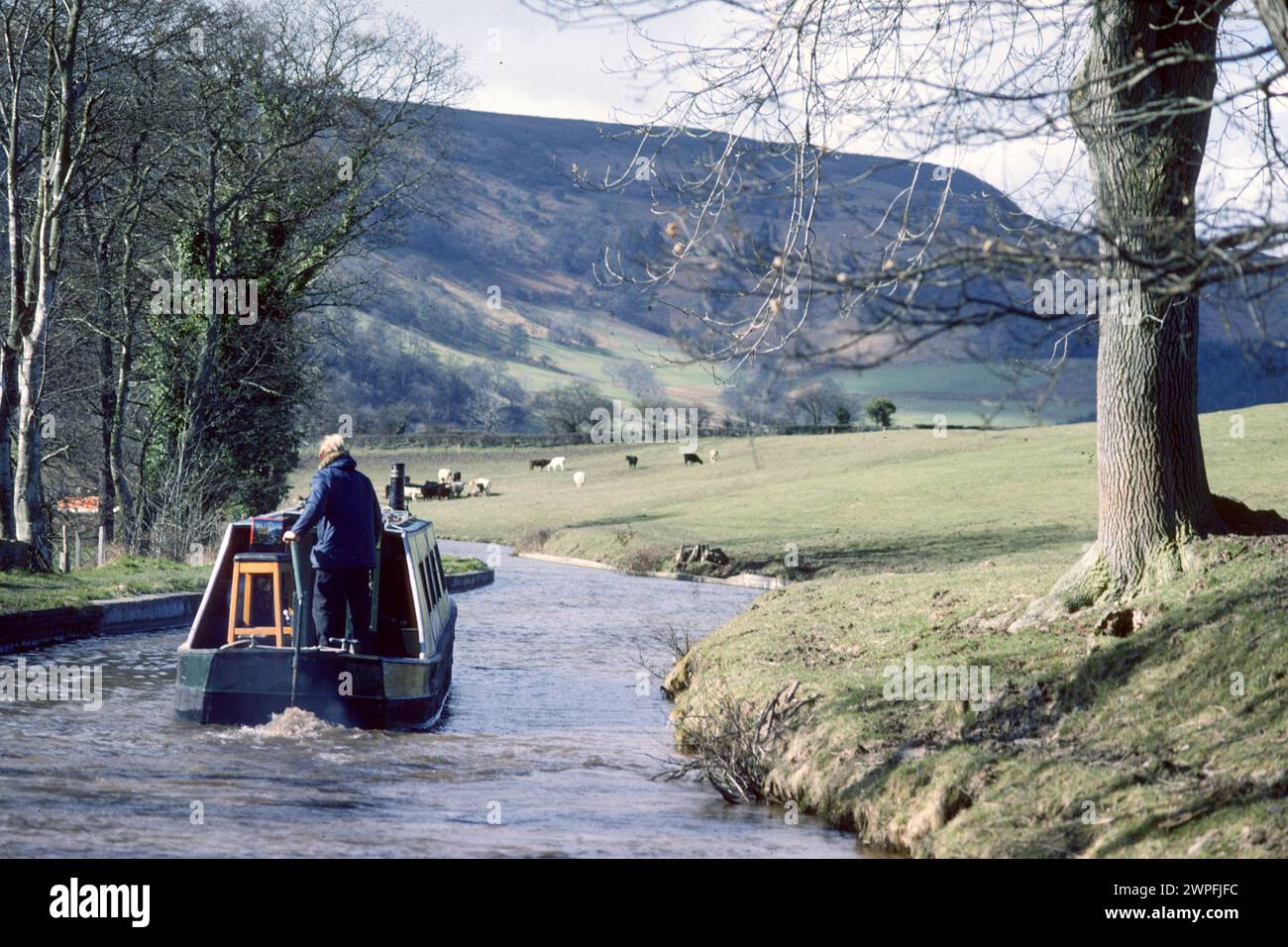Narrowboat on the Llangollen Canal with Welsh hills in background in ...