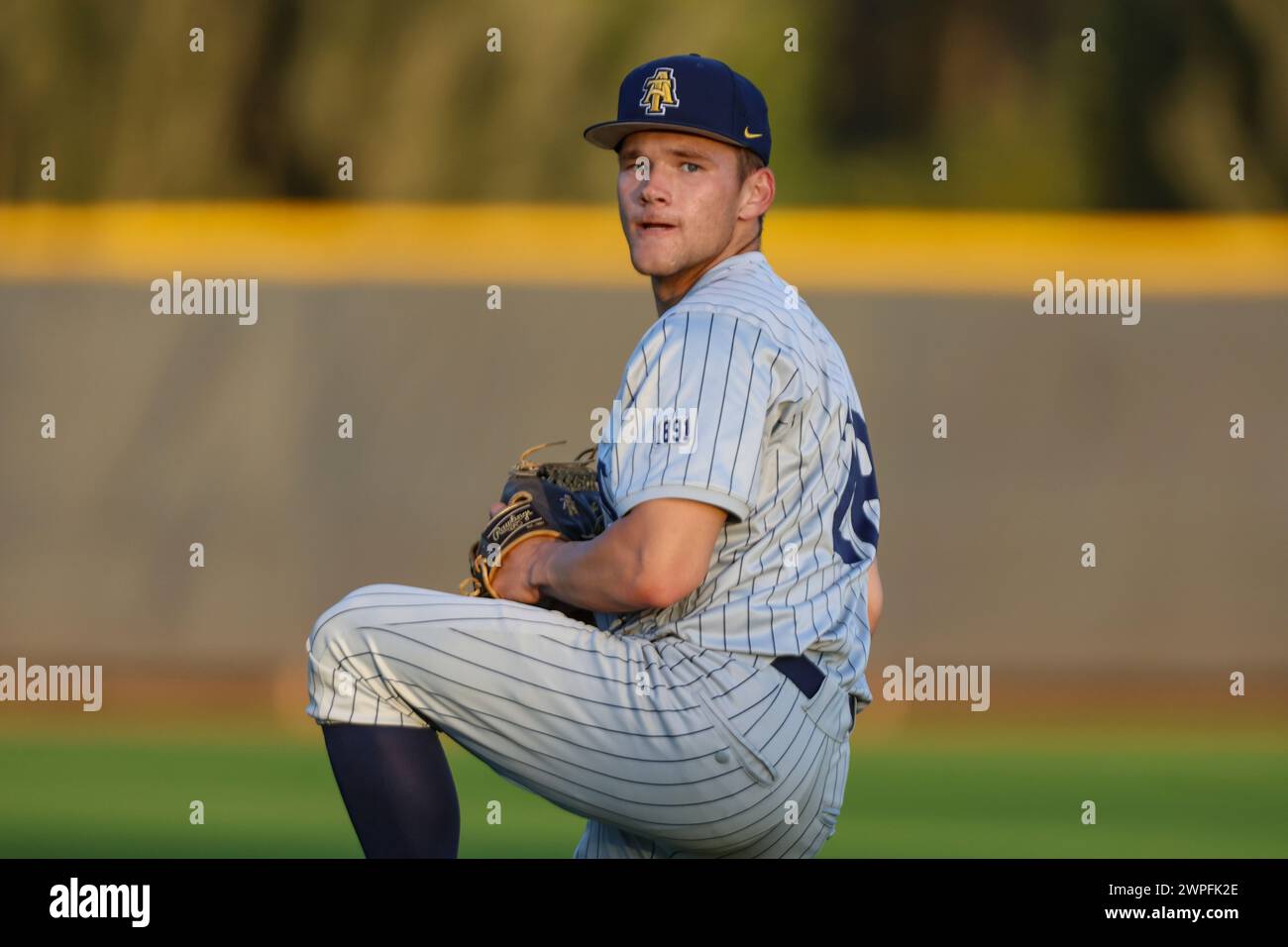 North Carolina A&T pitcher Trent Simmons (28) warms up before an NCAA ...
