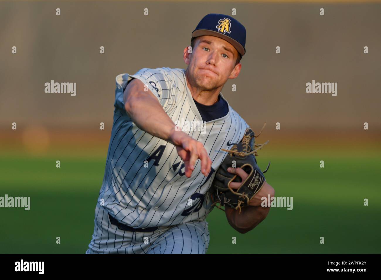 North Carolina A&T pitcher Trent Simmons (28) warms up before an NCAA ...