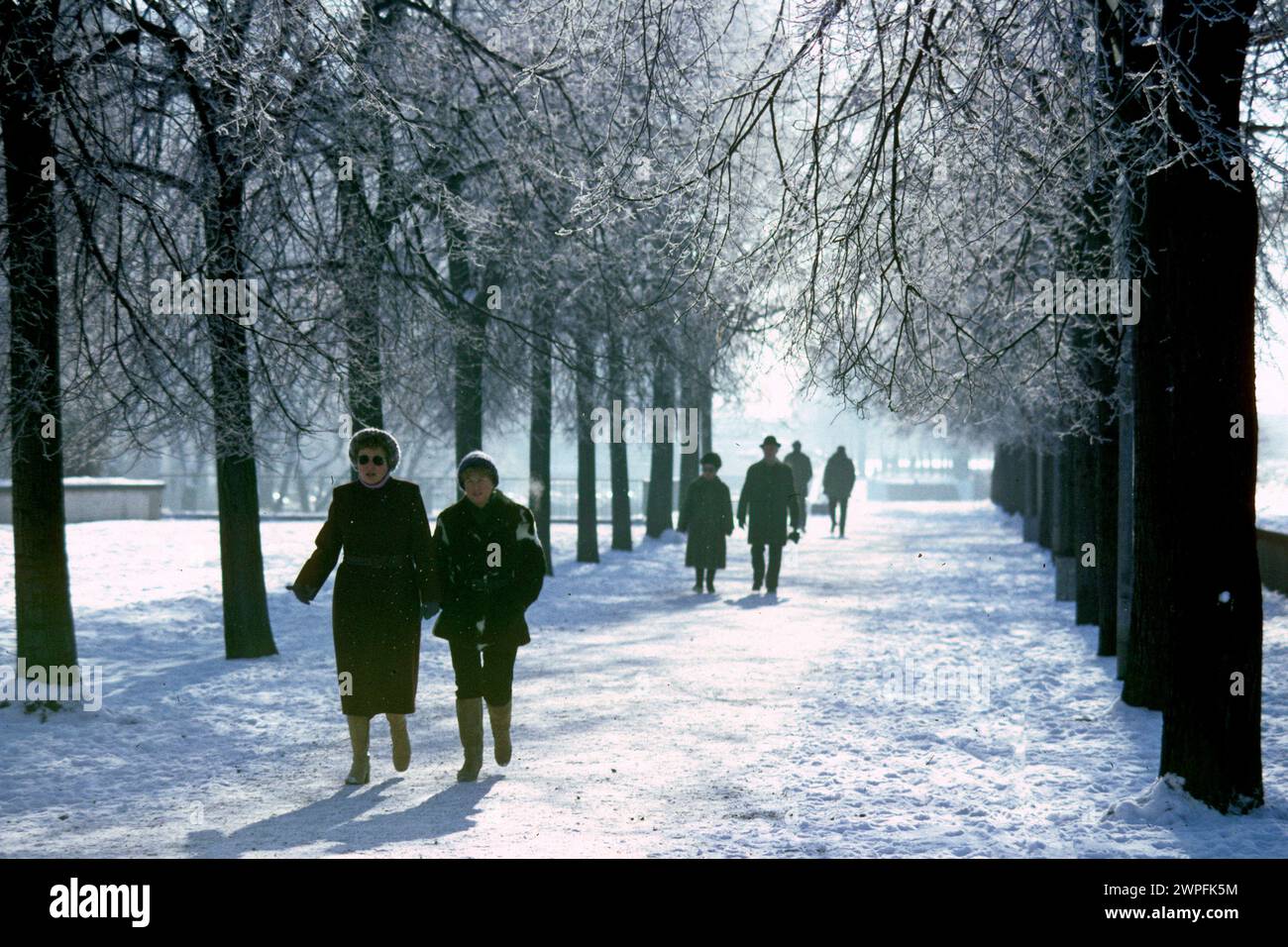 People walking along snow covered promenade in 1982, Cologne, North ...