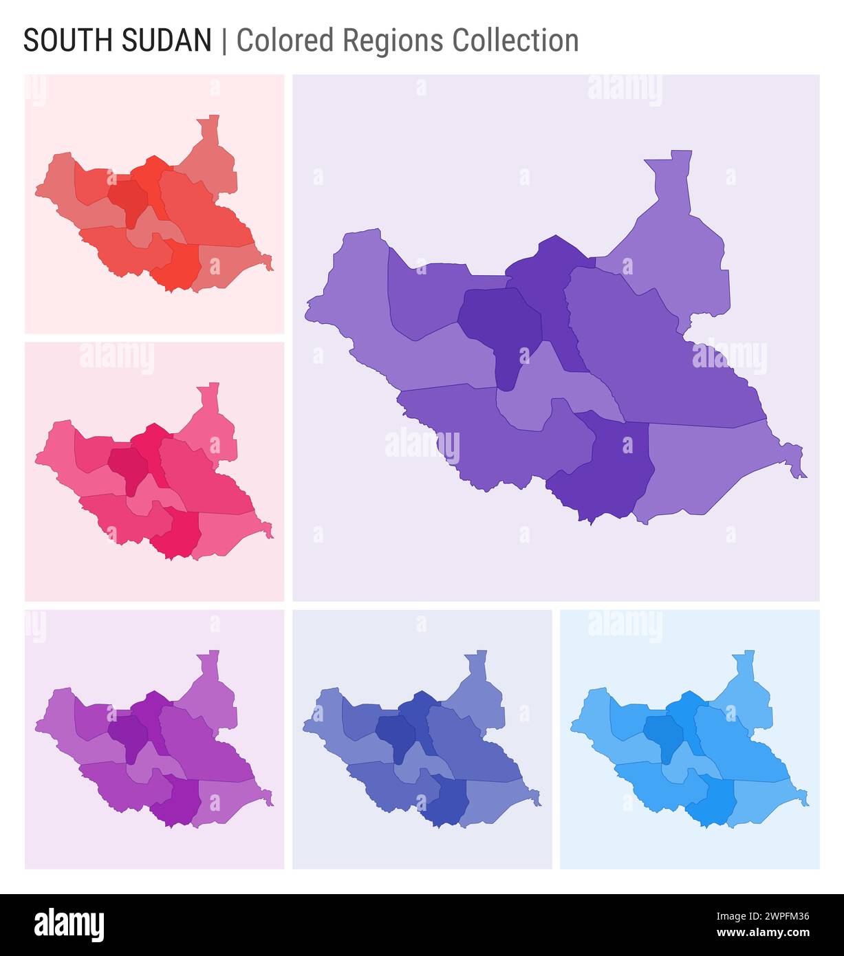 South Sudan map collection. Country shape with colored regions. Deep ...