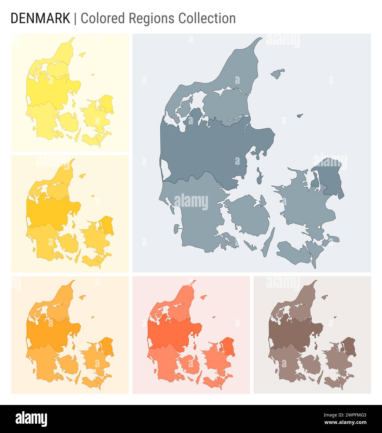 Denmark map collection. Country shape with colored regions. Blue Grey ...